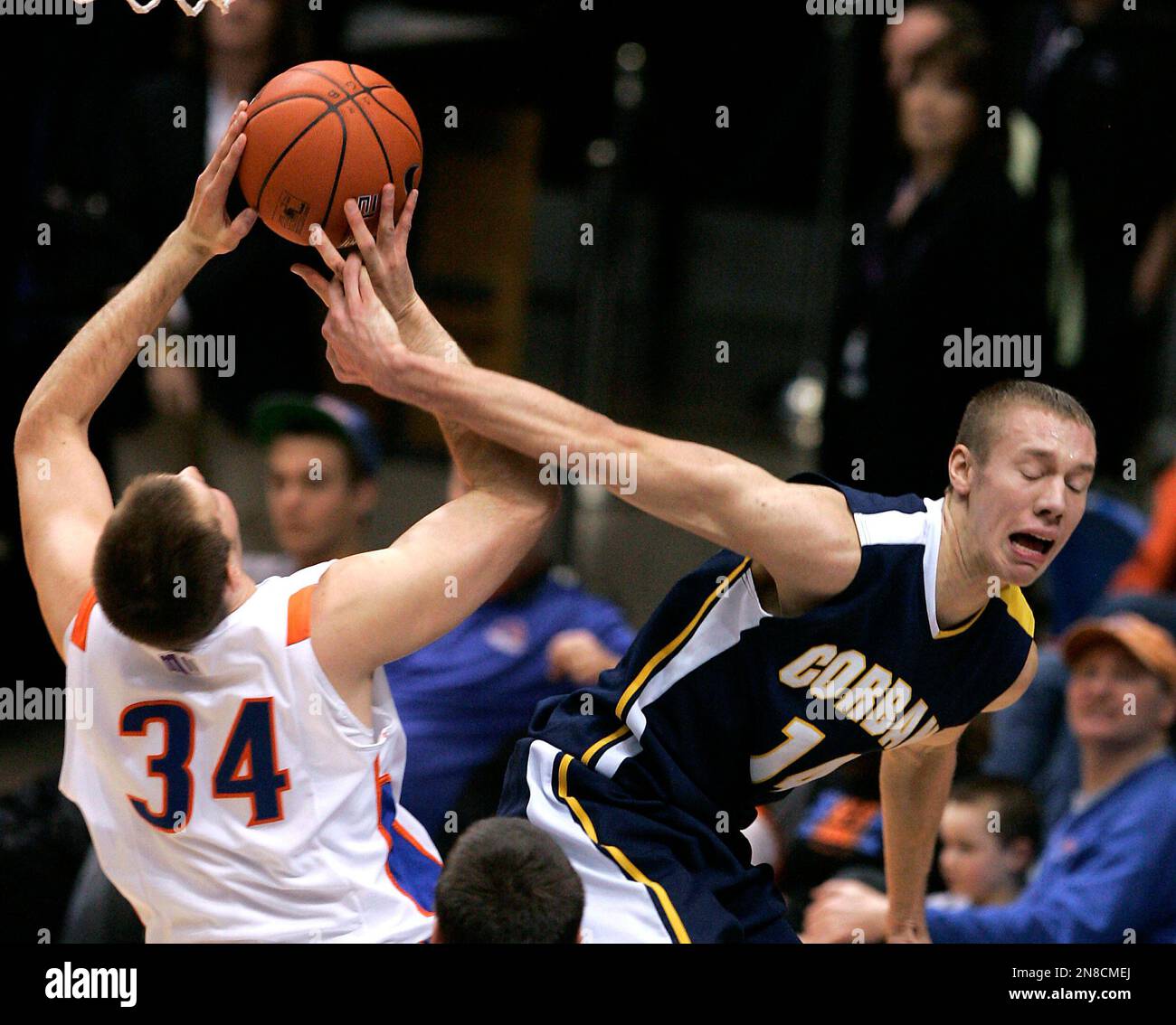 Boise State's Jake Ness (34) tries to get a shot past the reach of ...