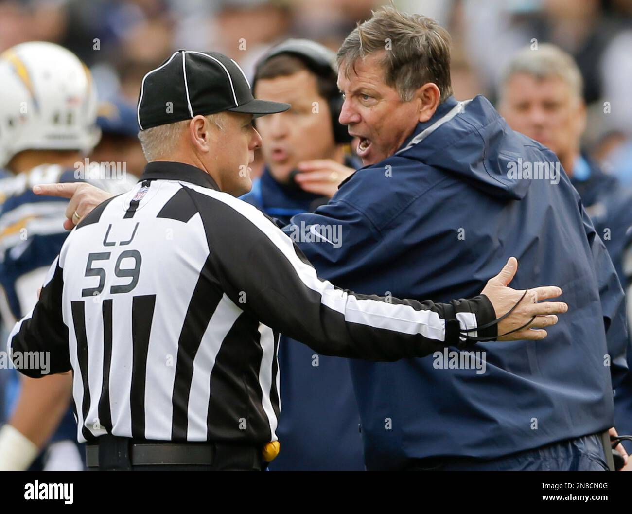 San Diego Chargers coach Norv Turner yells at line judge Rusty Baynes ...