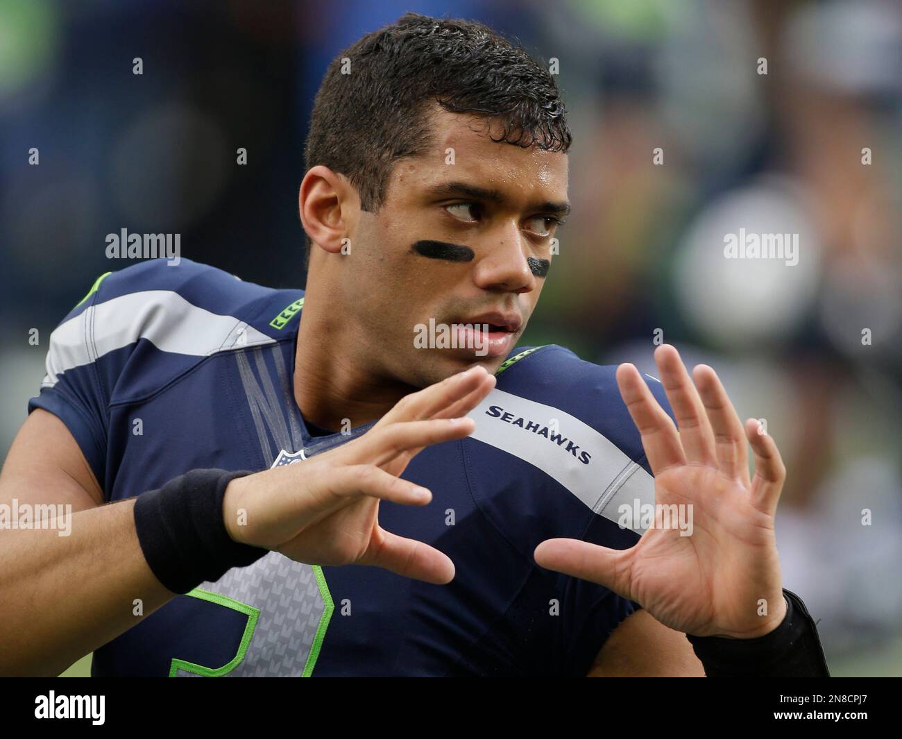 Seattle Seahawks quarterback Russell Wilson is shown during warm-ups ...