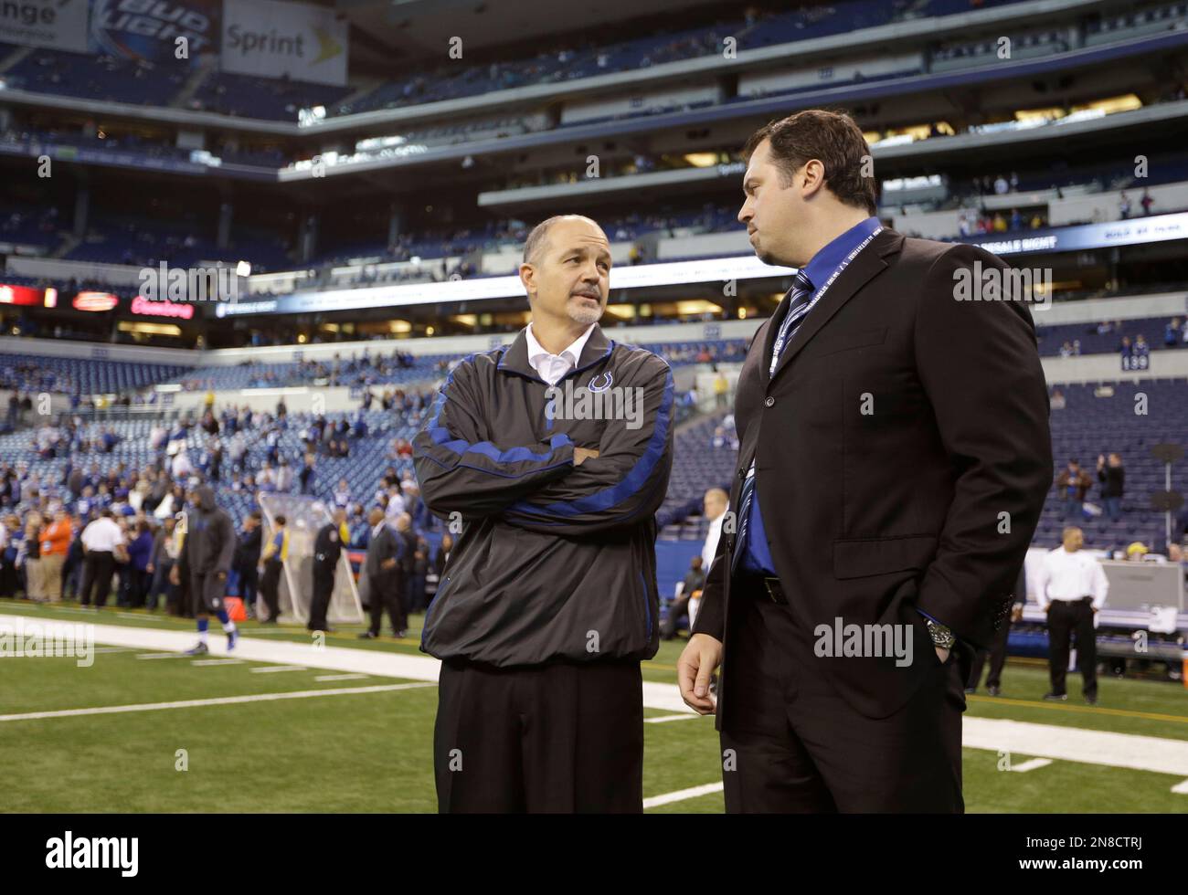 Indianapolis Colts head coach Chuck Pagano talks to general manager ...