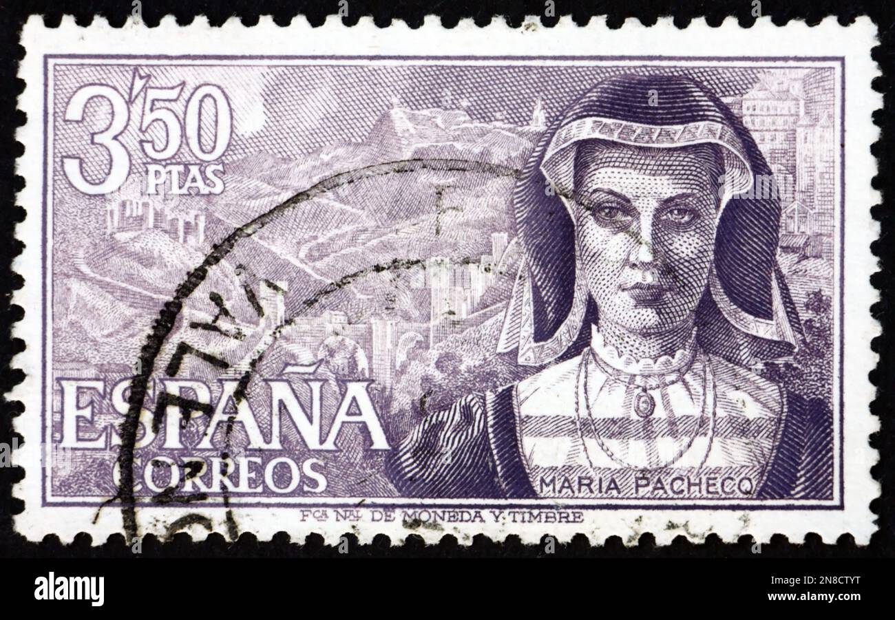 SPAIN - CIRCA 1968: a stamp printed in Spain shows Maria Pacheco (c ...