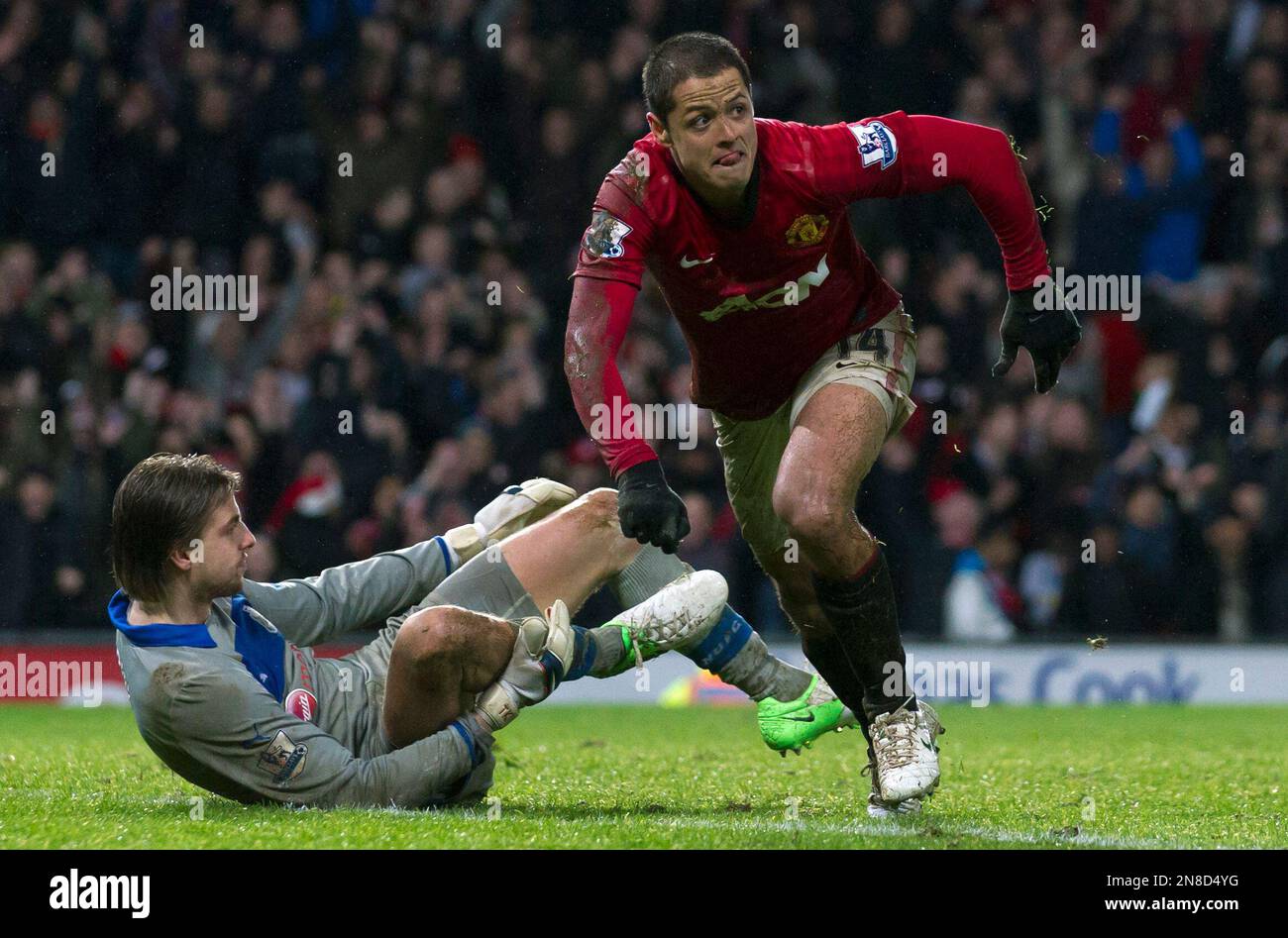 Manchester United's Javier Hernandez, right, celebrates after scoring ...