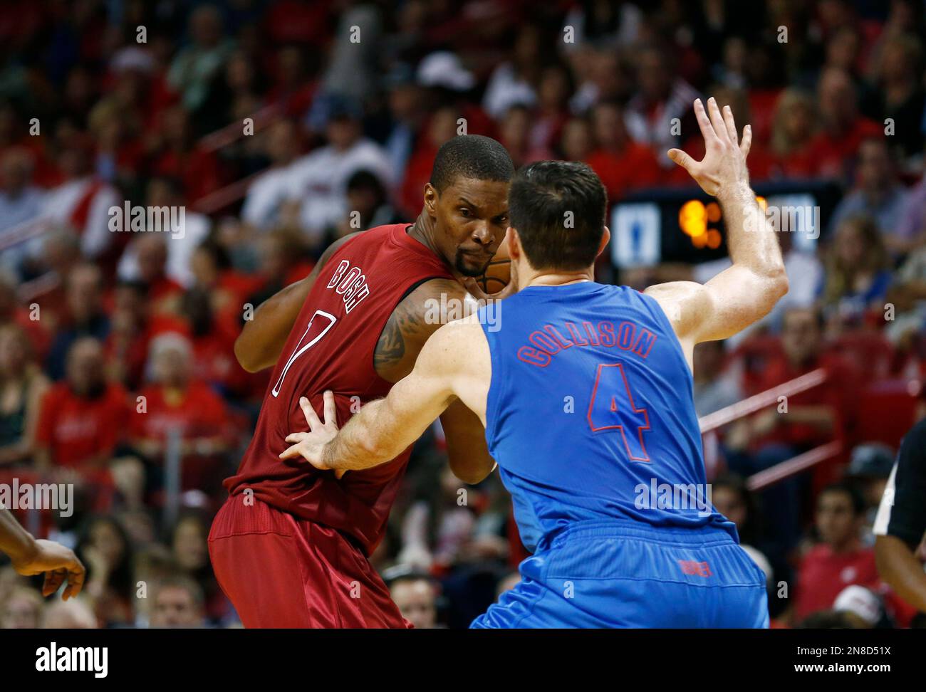 Oklahoma City Thunder's Nick Collison (4) blocks Miami Heat's Chris ...