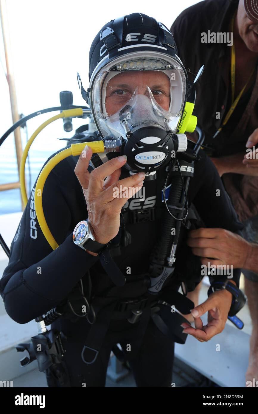 May 24, 2017 - Tuscany, Italy: A diver wear a full face diving mask ...