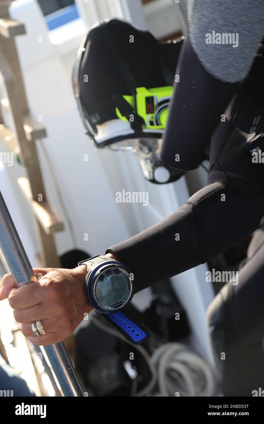 May 24, 2017 - Tuscany, Italy: A diver wear a full face diving mask ...