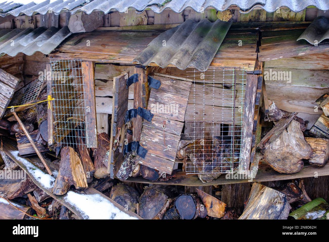 Old cages for rabbits near a barn in the countryside of Latvia Stock ...