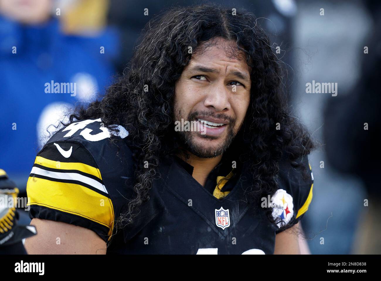 Pittsburgh Steelers strong safety Troy Polamalu (43) sits on the bench ...