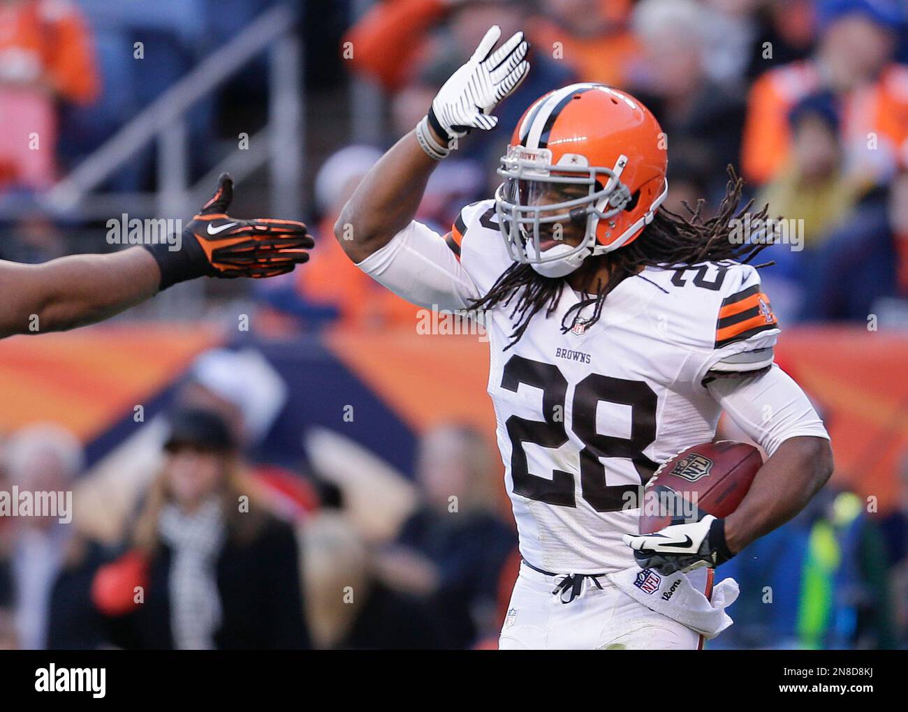 Cleveland Browns free safety Usama Young (28) is congratulated after ...