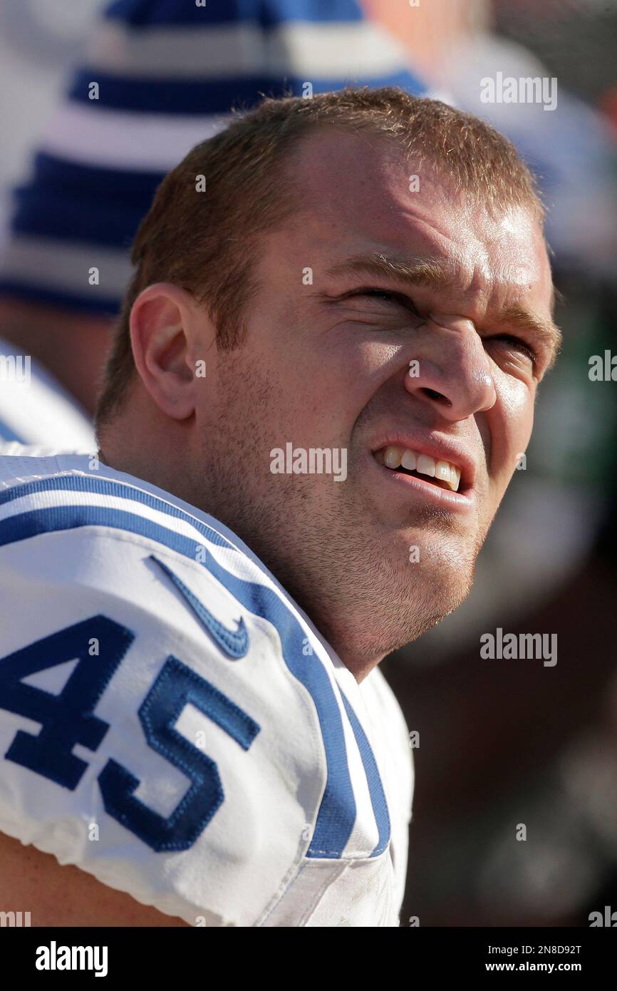 Indianapolis Colts long snapper Matt Overton watches from the bench ...