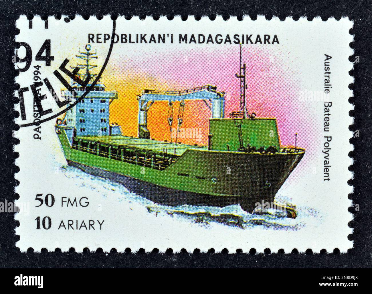 Cancelled postage stamp printed by Madagascar, that shows Cargo ship ...