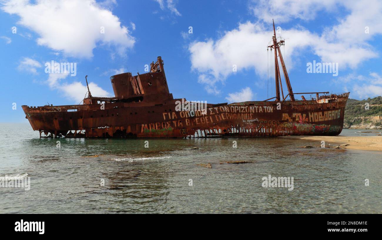 Shipwreck ''Dimitrios'' at Glyfada beach, Lakonia, Peloponesse, Greece ...