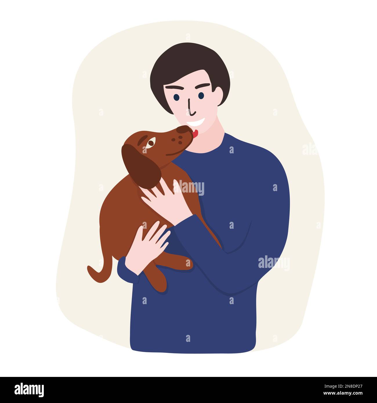 Happy man holding on hands a cute puppy dog, hugging pet with love ...