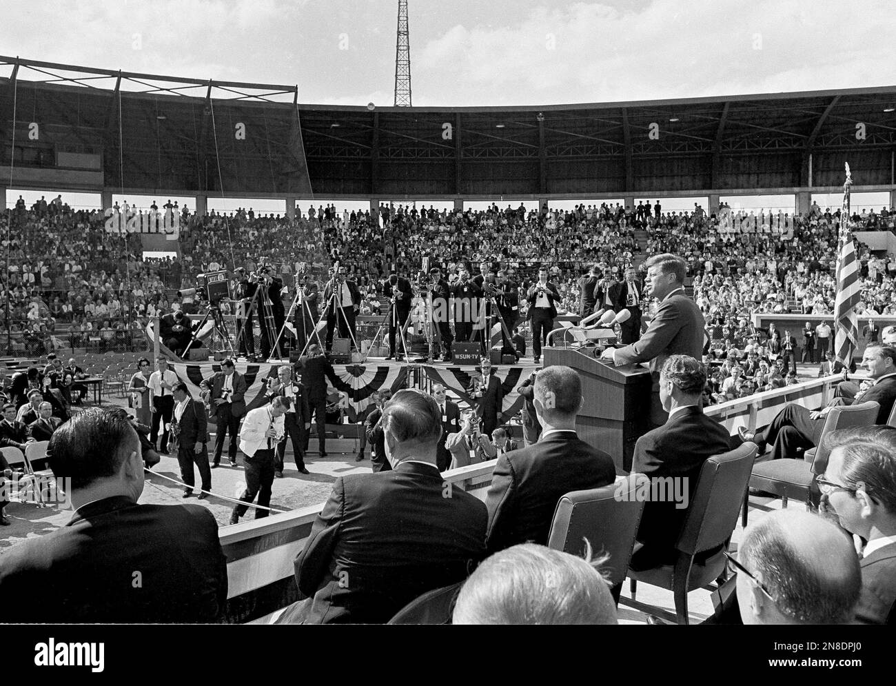 President John F. Kennedy addresses an overflowing crowd at Al Lopez ...