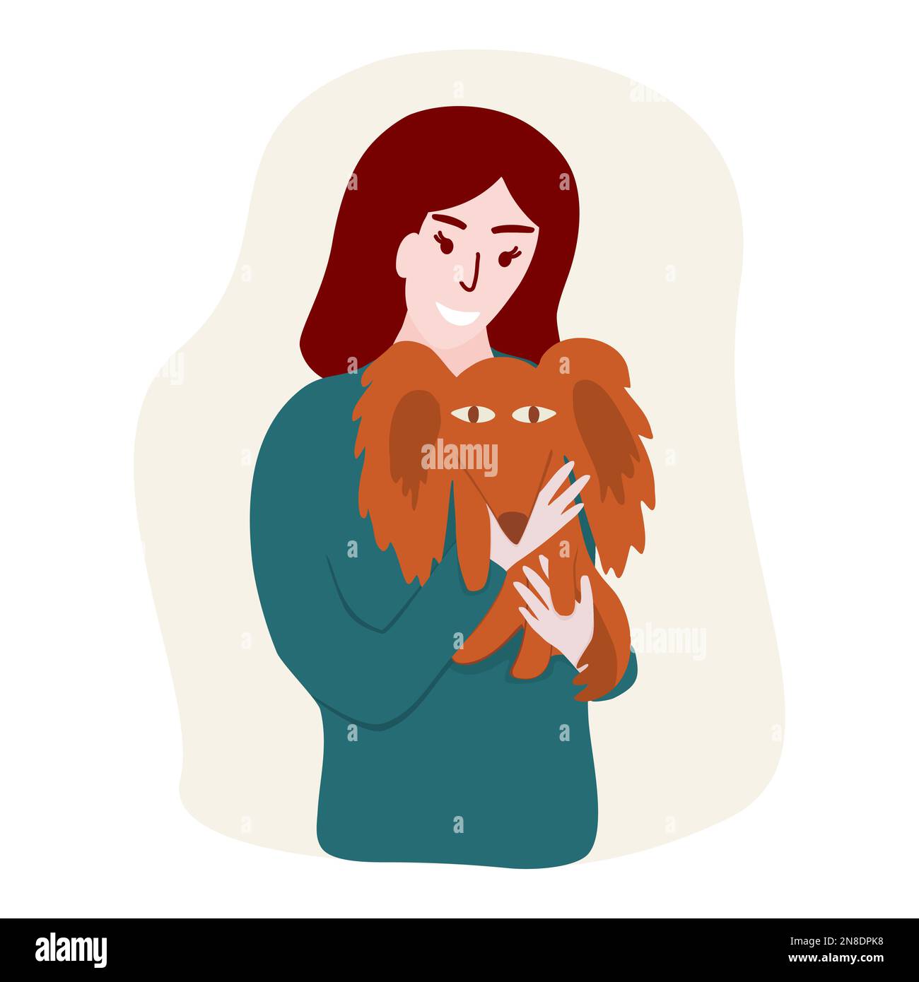 Happy young woman holding on hands a cute dachshund dog, hugging pet ...