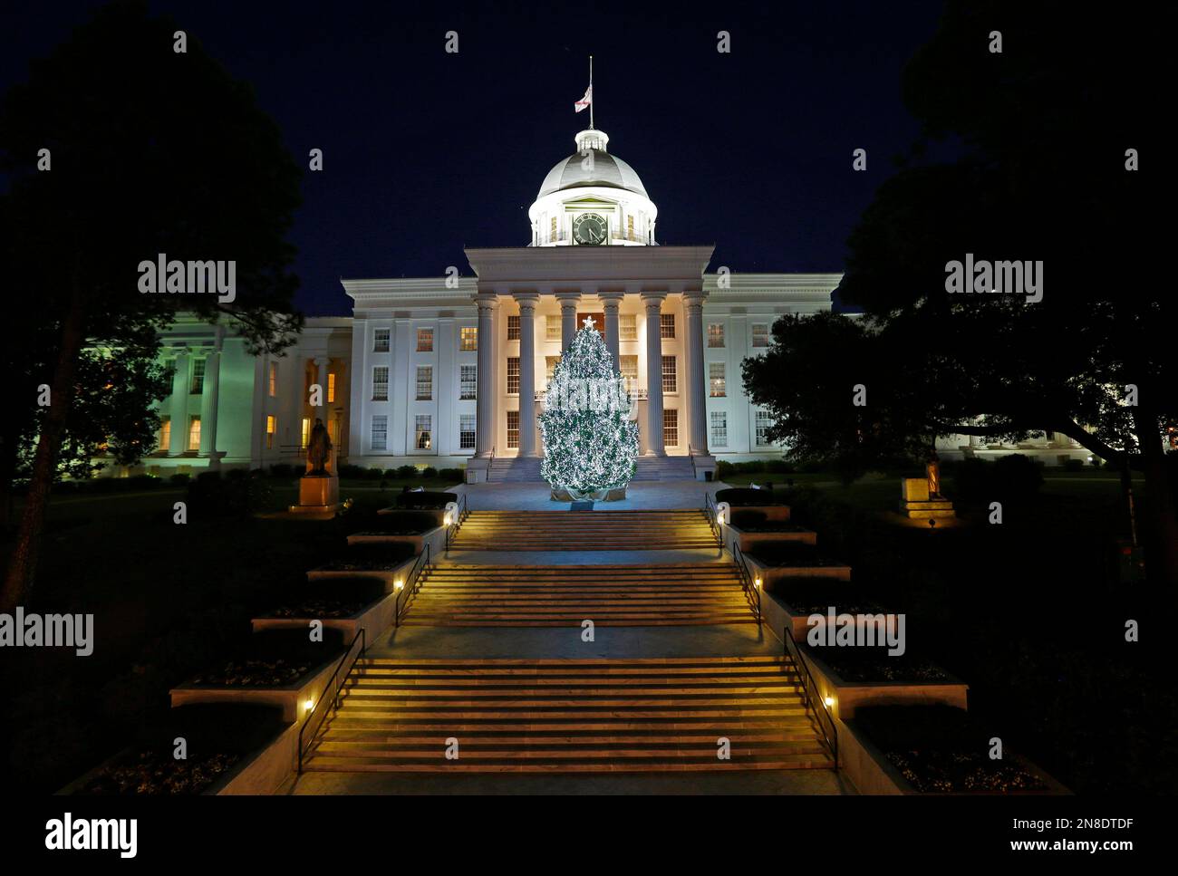 The state Christmas tree graces the front entrance to the Alabama ...