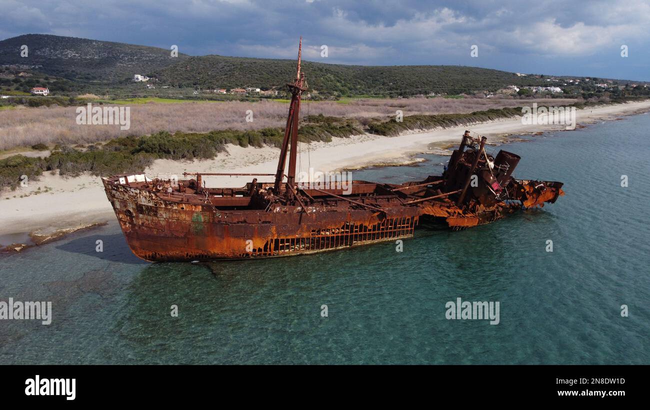 Shipwreck ''Dimitrios'' at Glyfada beach, aerial view, Lakonia ...