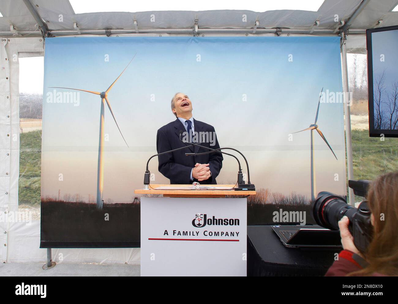 Fisk Johnson, Chairman and CEO of SC Johnson, reacts after he powered ...