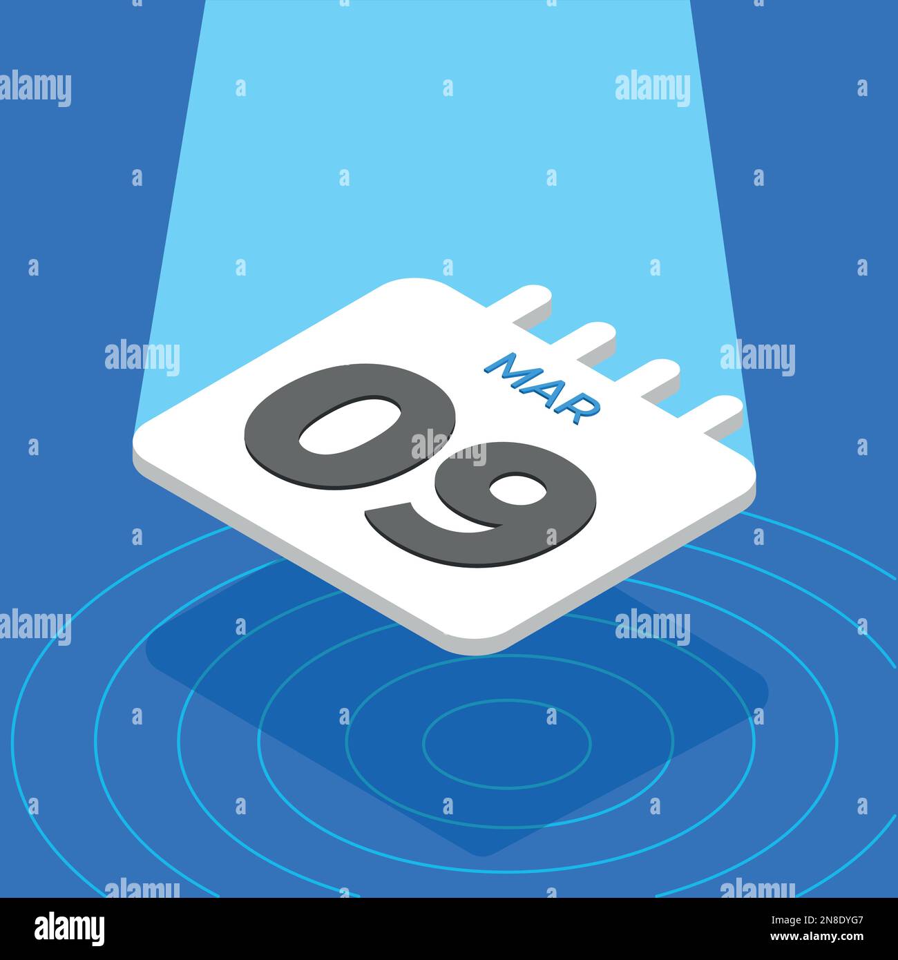 March 9 - 3D White calendar floating with spotlight on blue background ...