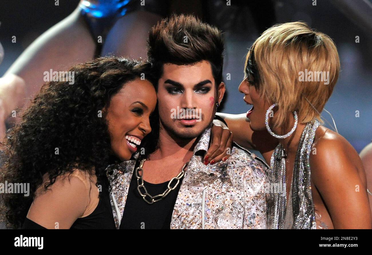 Kelly Rowland, left, Adam Lambert, center, and Keri Hilson perform at ...