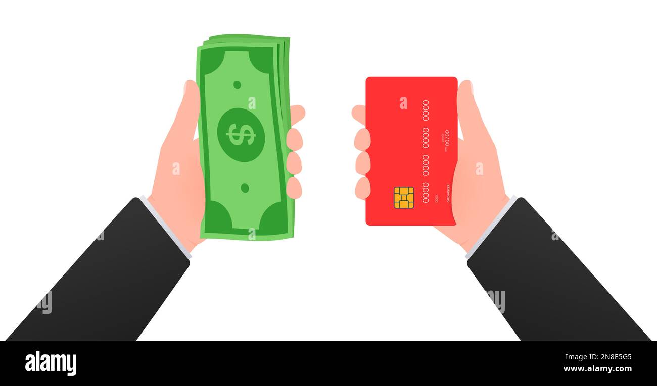 Hands holding credit plastic card and money bills. Financial operation ...