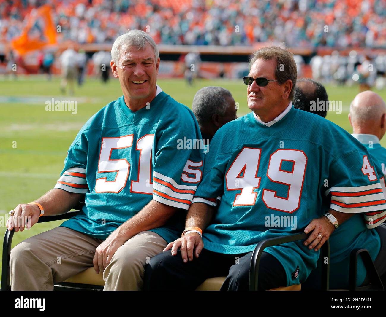 Former Miami Dolphins team of 1972, Larry Ball (51) and Charles Babb ...
