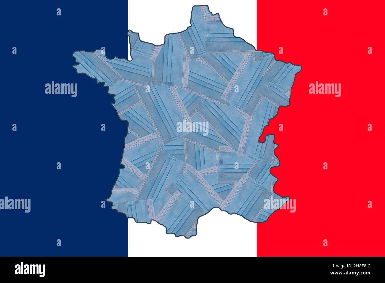 Blue medical masks in the form of a geographical map of France against ...