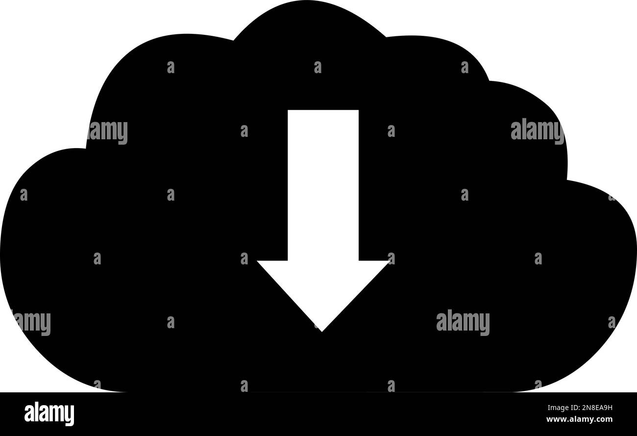 vector illustration of black silhouette icon of a cloud with a white arrow pointing downward, in ...