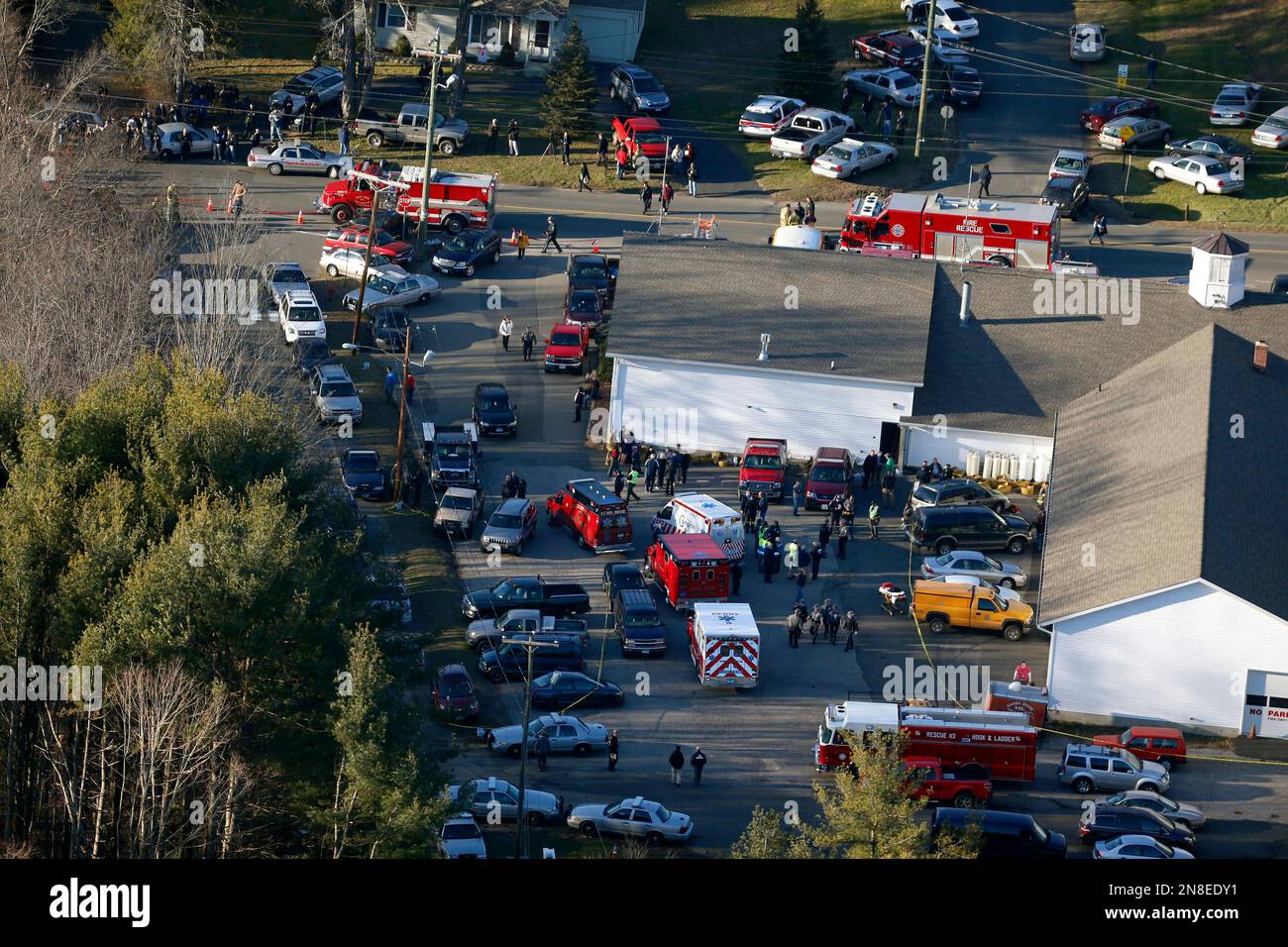 This aerial photo shows a triage area set up at the Sandy Hook fire ...