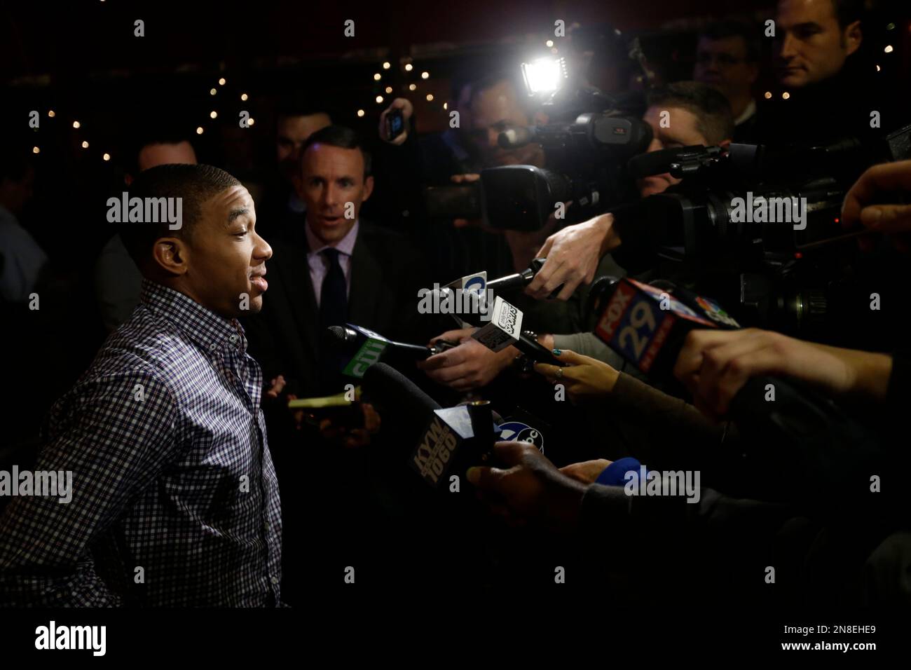 Newly acquired Philadelphia Phillies outfielder Ben Revere talks during ...