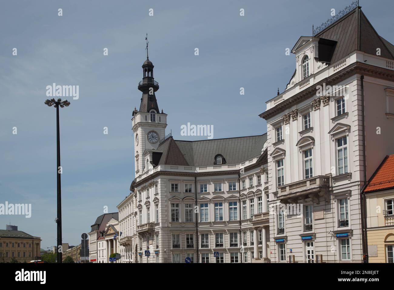 A closeup view of the beautiful Jablonowski Palace with a clock tower ...