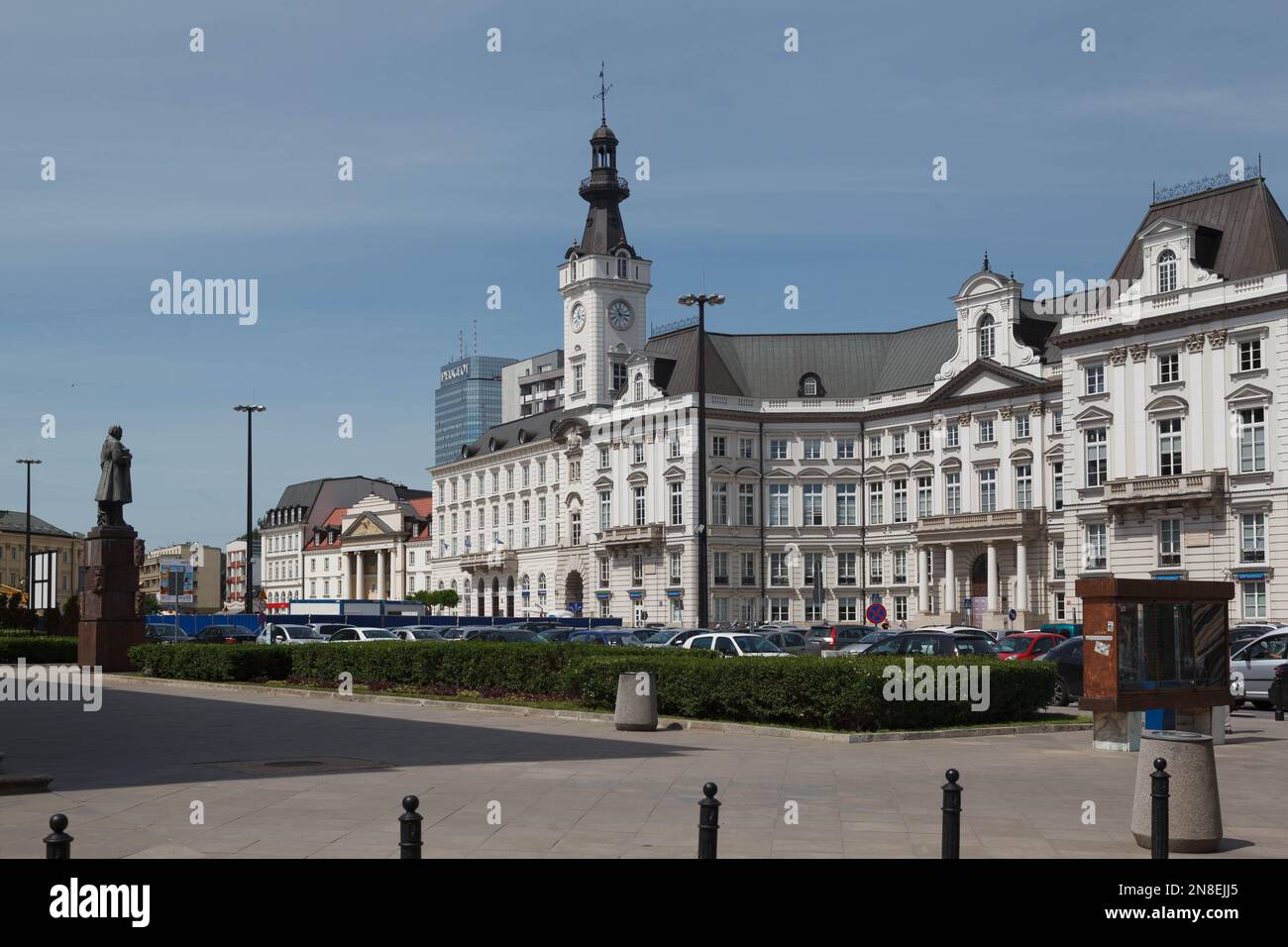 A closeup view of the beautiful Jablonowski Palace with a clock tower ...