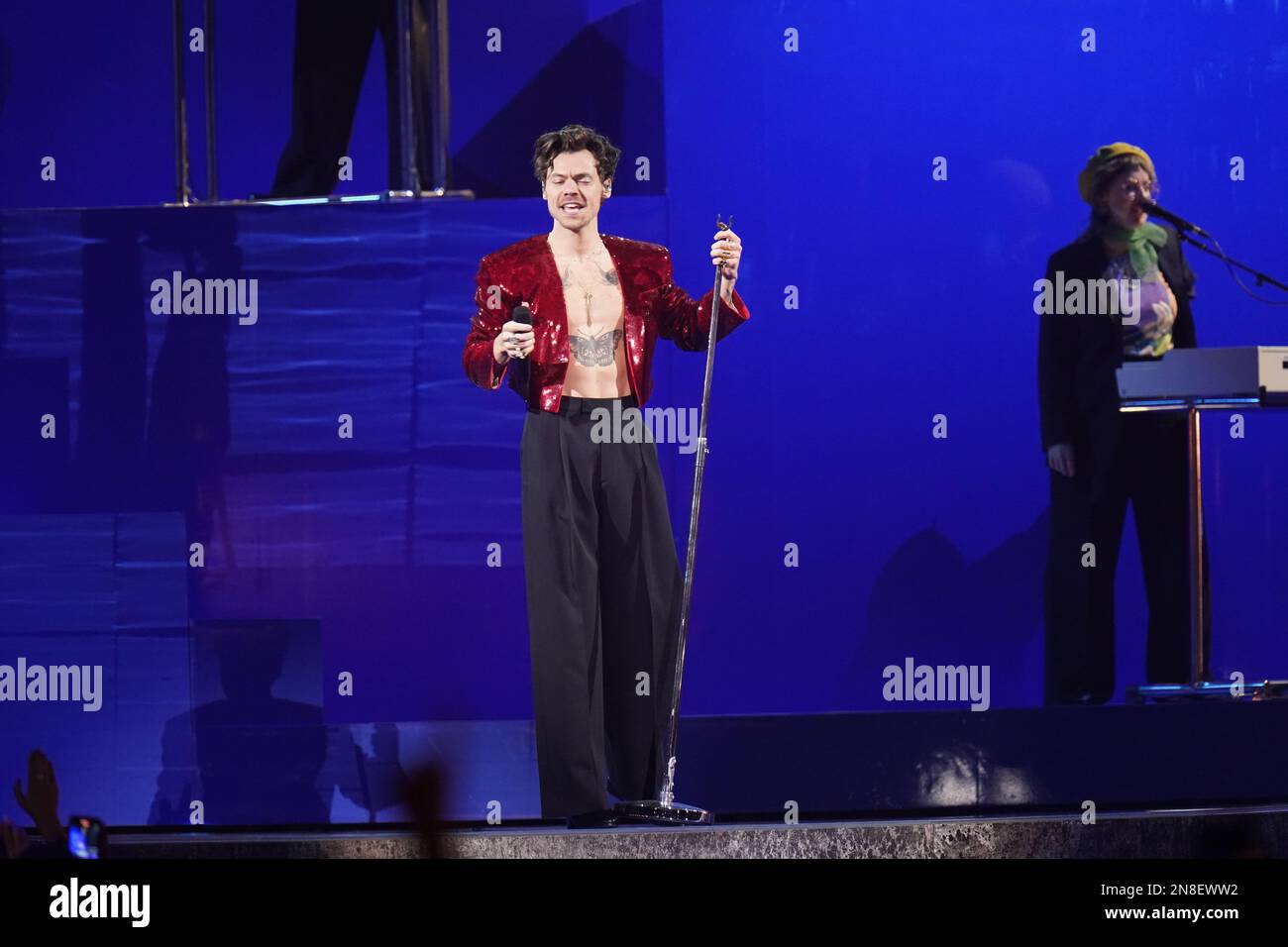 Harry Styles performing during the Brit Awards 2023 at the O2 Arena ...