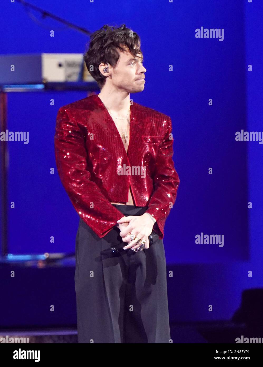 Harry Styles performing during the Brit Awards 2023 at the O2 Arena ...