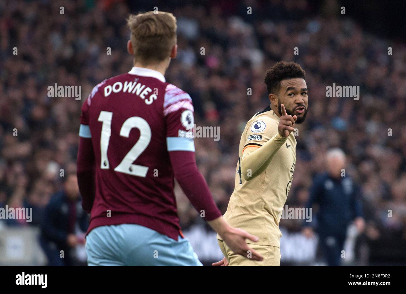 London, UK. 11th Feb, 2023. Reece James of Chelsea (r) and Flynn Downes ...