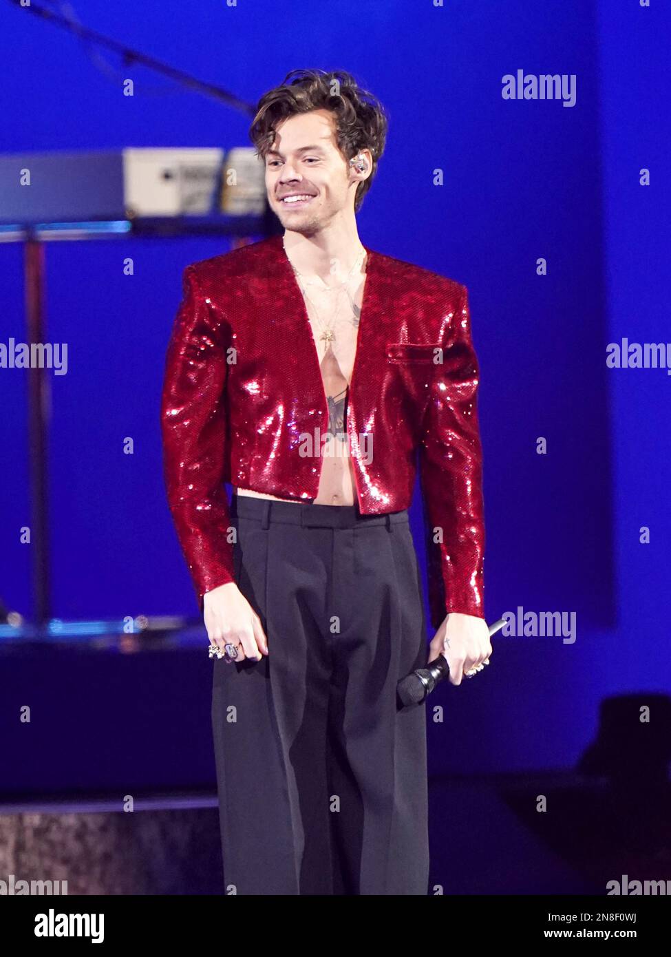 Harry Styles performing during the Brit Awards 2023 at the O2 Arena ...