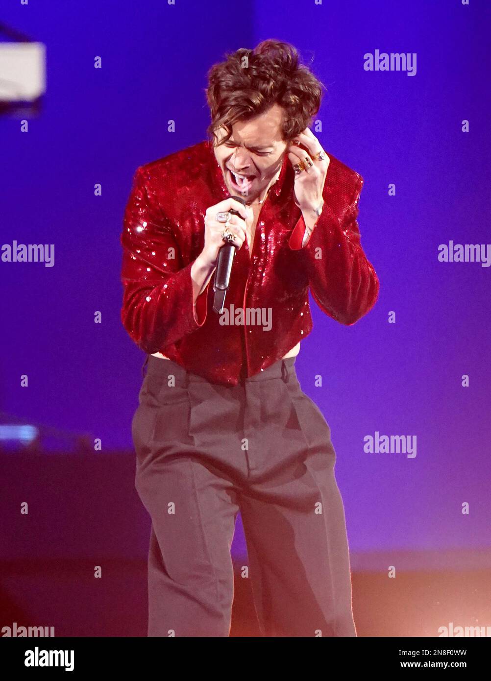 Harry Styles performing during the Brit Awards 2023 at the O2 Arena ...
