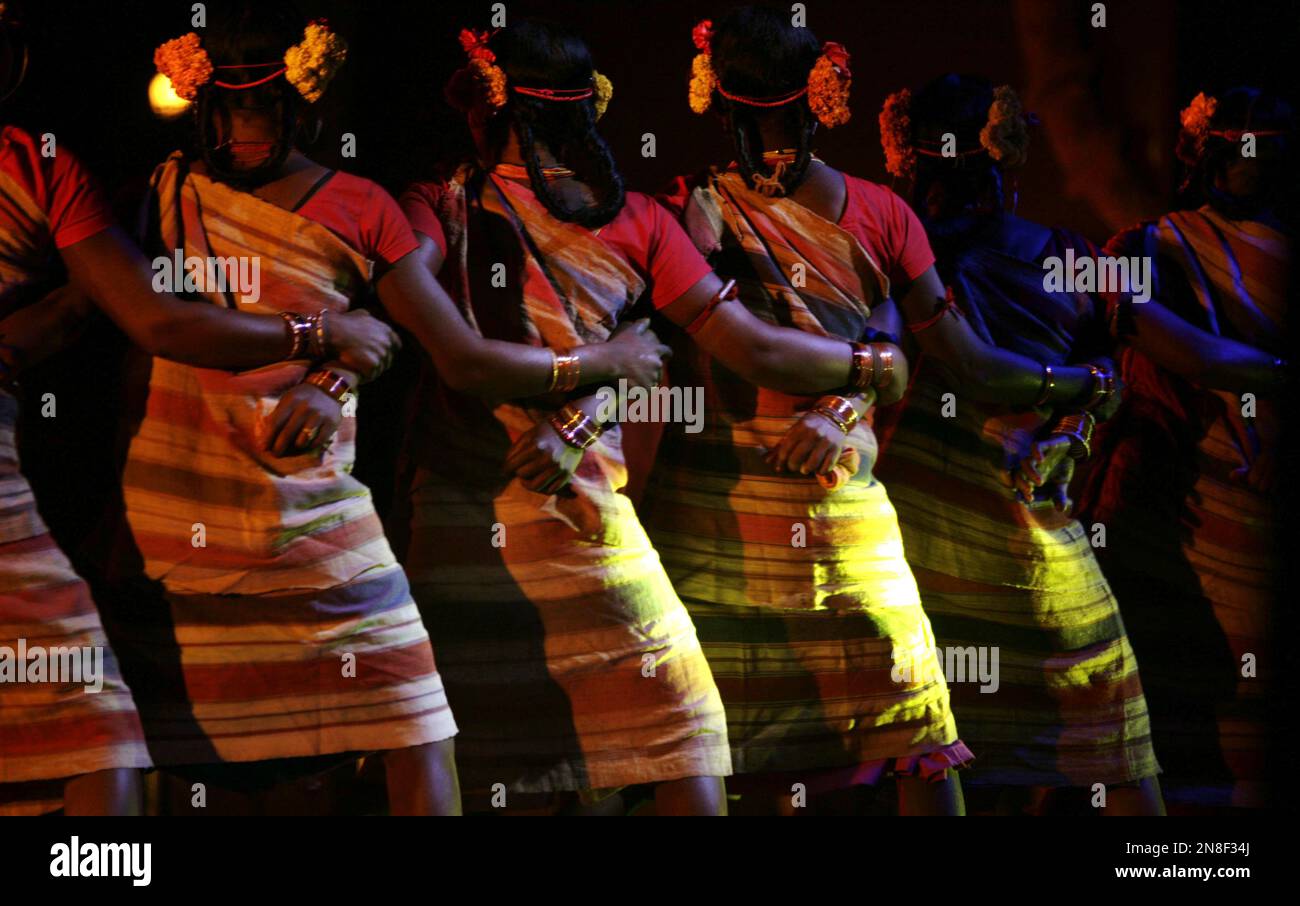 Indian tribal girls from Orissa state perform Dhemsa during the tribal ...