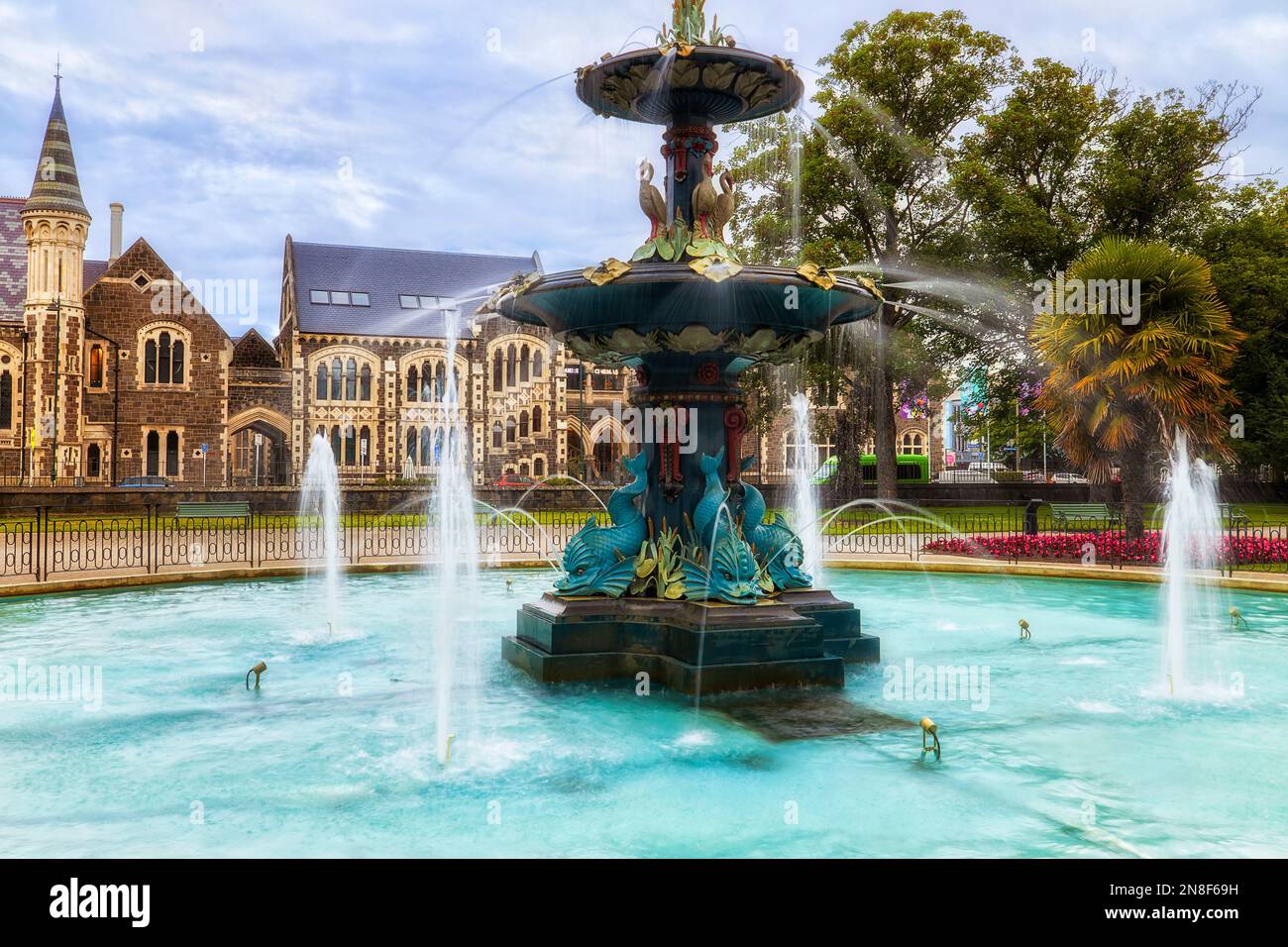Scenic decorated Peacock fountain in public park of Christchurch city ...