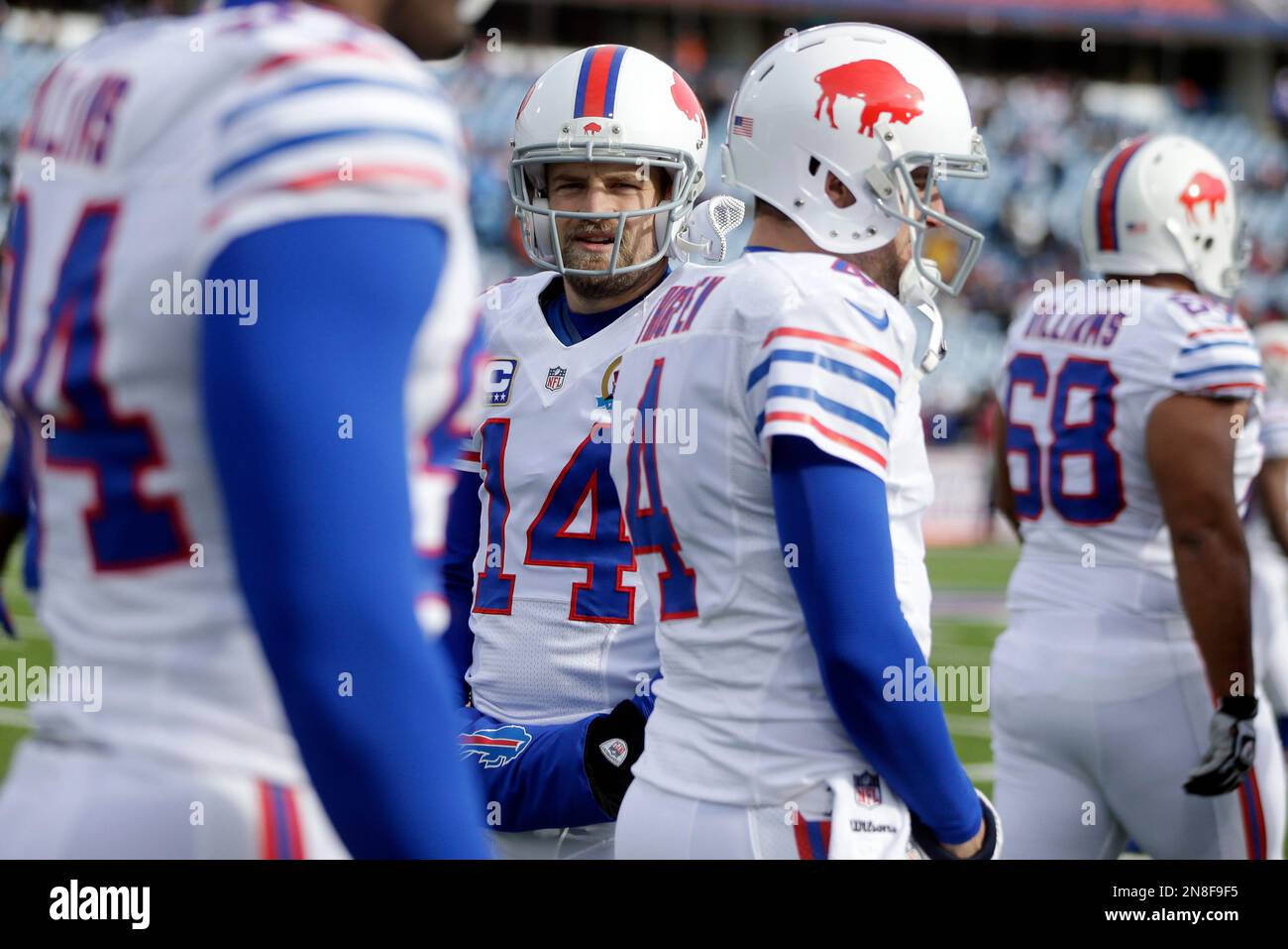 Buffalo Bills quarterback Ryan Fitzpatrick, second from left, looks on ...