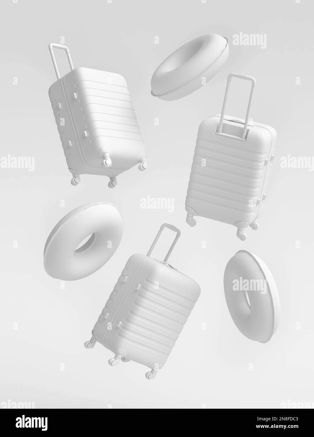 Colorful suitcase or baggage inflatable rings flying on monochrome ...