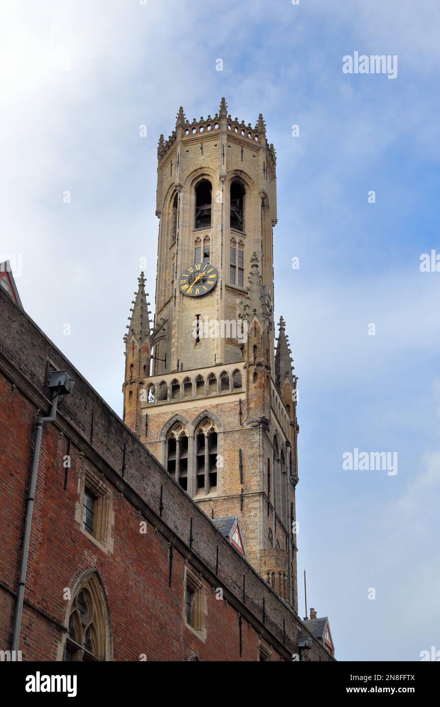 The Belfry of Bruges, medieval bell tower in the center of Bruges ...