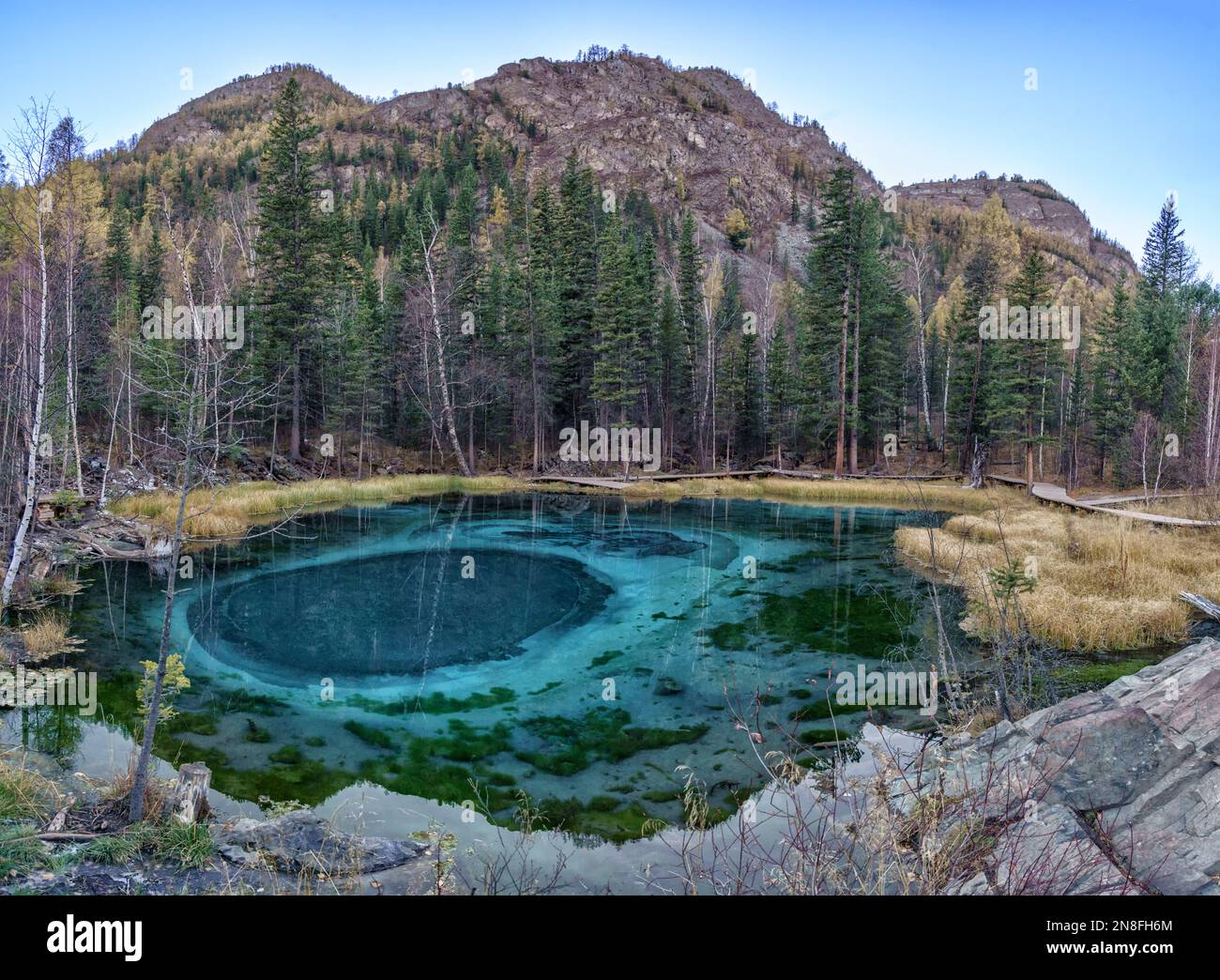 Blue geyser lake in the Altai Mountains, Siberia, Russia. Bird 's - eye ...