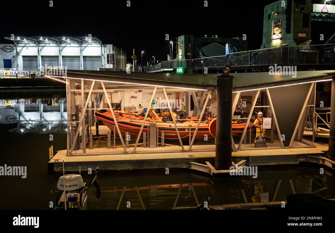 RNLI Lifeboats in glass lifeboat station in Poole Harbour, Dorset, UK ...