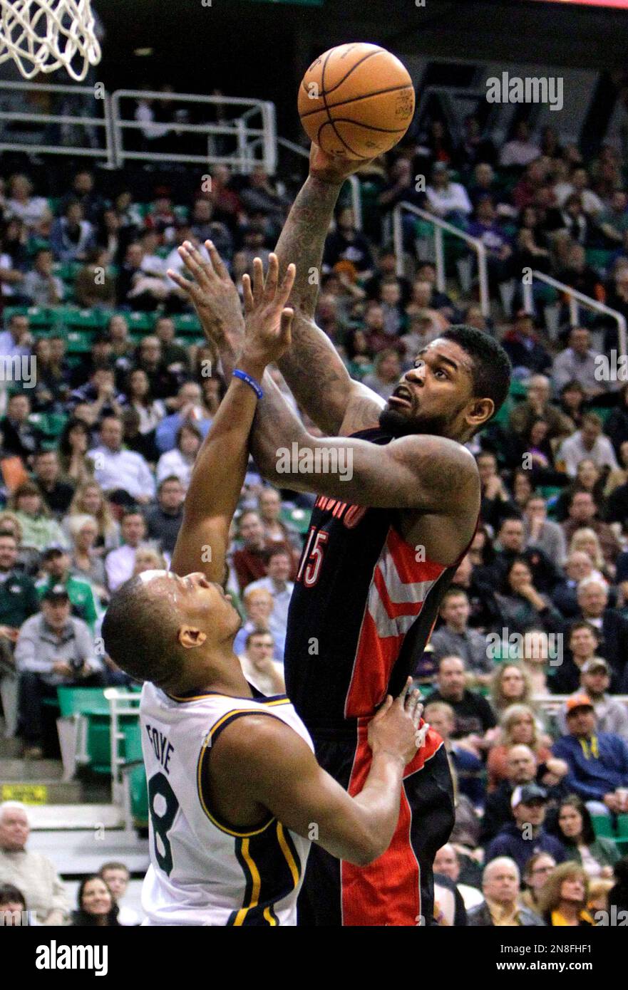 Toronto Raptors power forward Amir Johnson (15) shoots over Utah Jazz ...