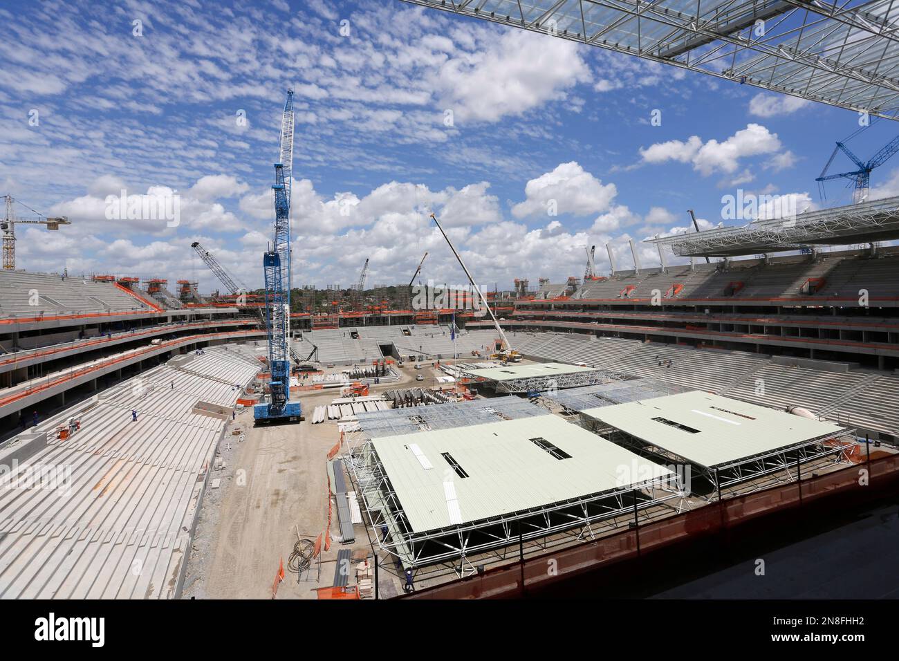 Parts of the roof sit at the future pitch at the construction site of ...