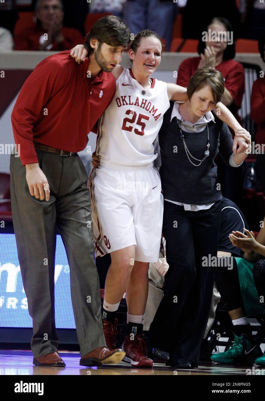 Oklahoma guard Whitney Hand (25) is helped off the court by strength ...