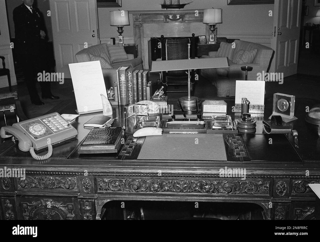 View of the top of President Kennedy's desk (the Resolute Desk) in the ...