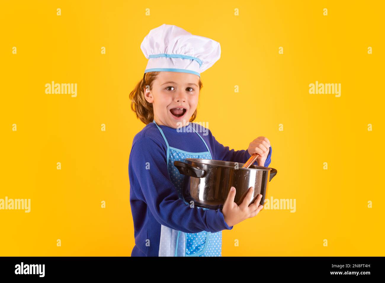Kid cook with cooking pot and ladle. Cooking children. Chef kid boy ...