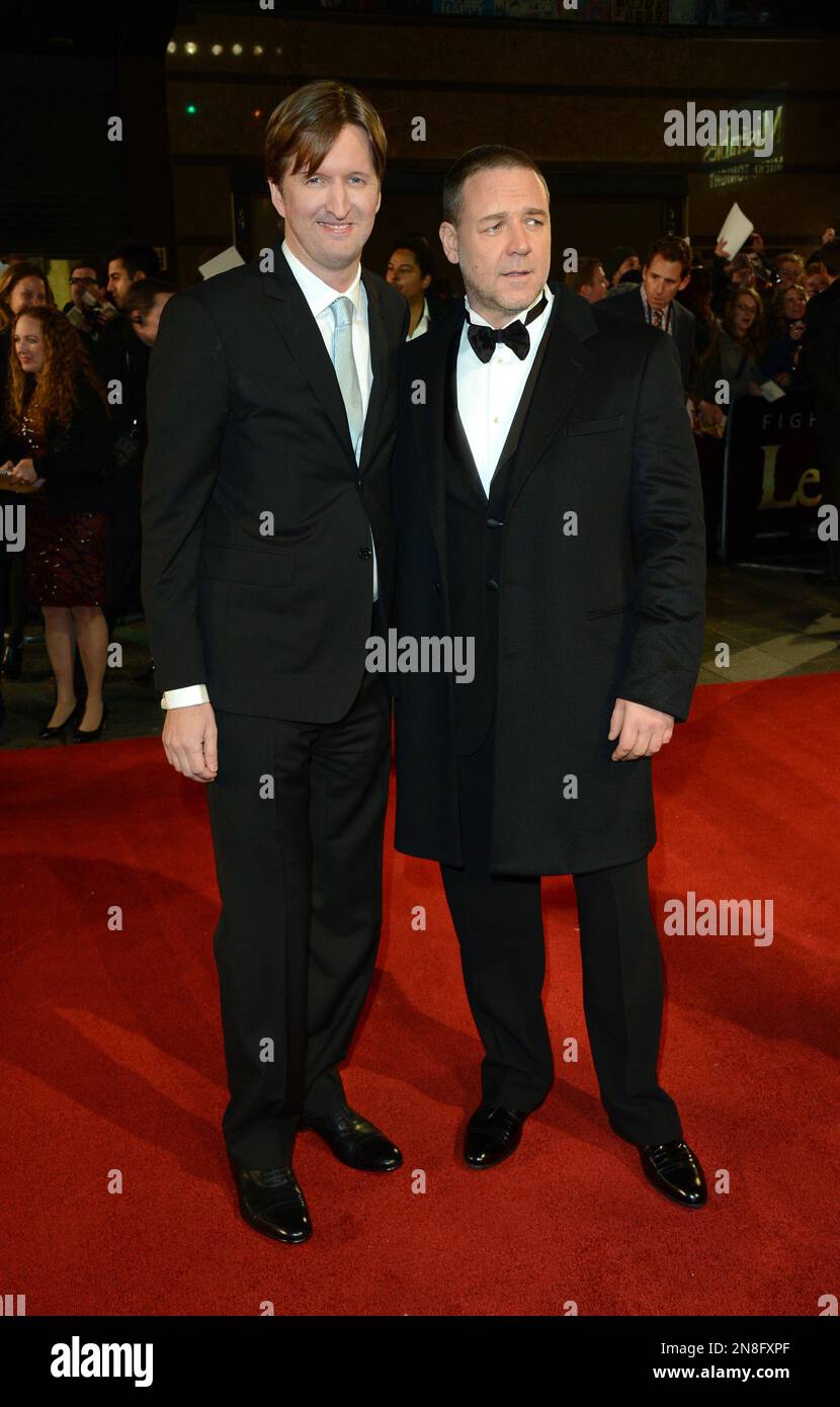 Tom Hooper, left, and Russell Crowe seen at the UK premiere of Les ...
