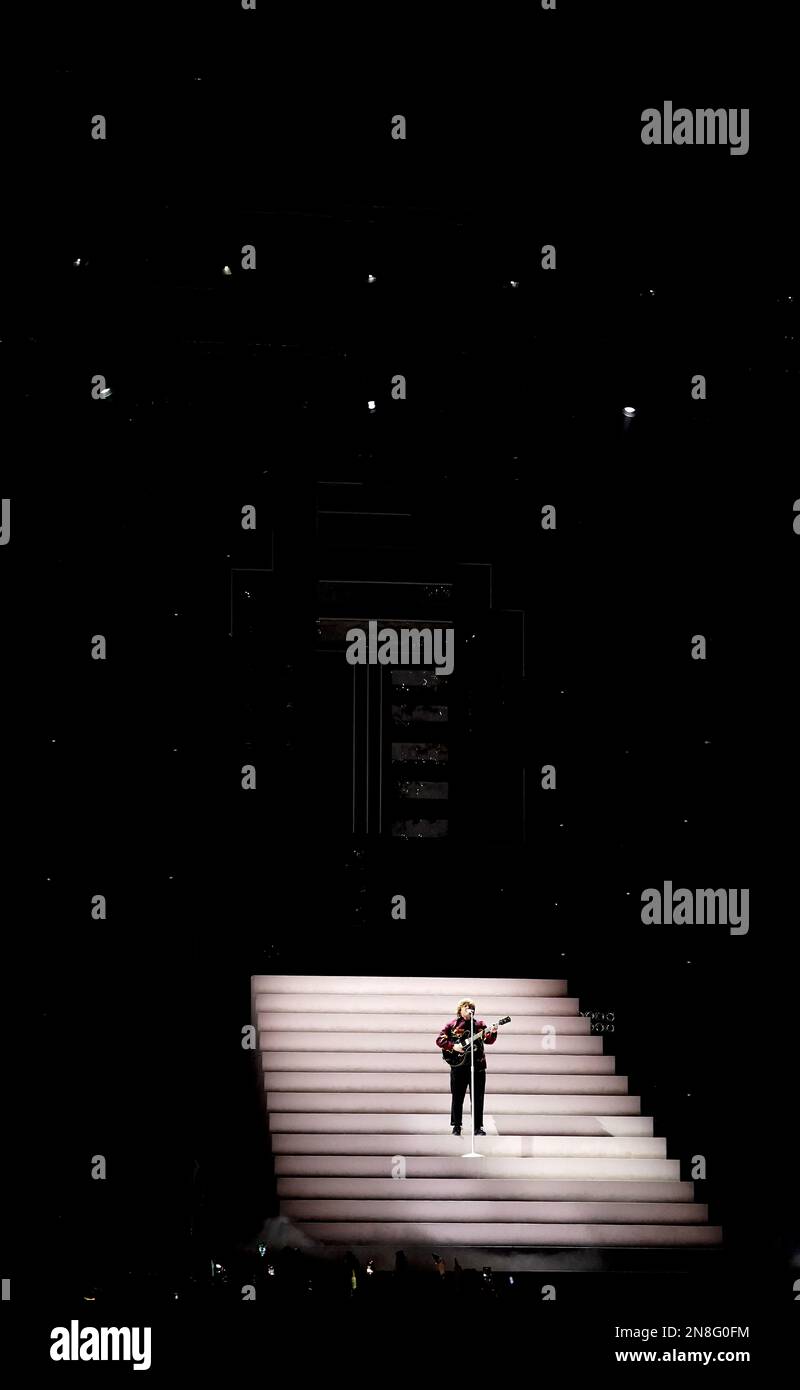 Lewis Capaldi performing during the Brit Awards 2023 at the O2 Arena ...